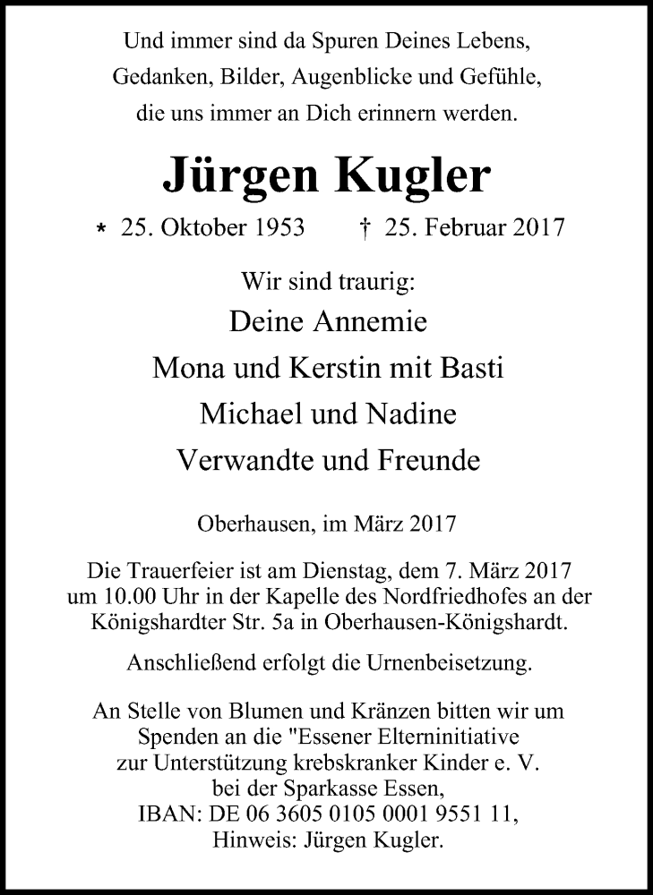 Traueranzeigen von Jürgen Kugler | Trauer-in-NRW.de