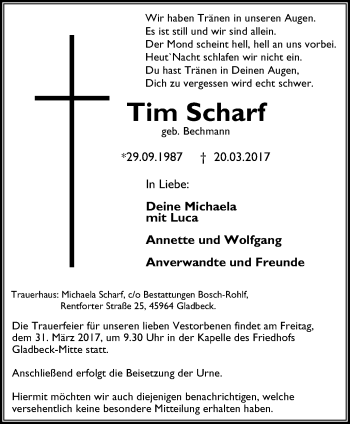 Traueranzeigen von Tim Scharf | Trauer-in-NRW.de