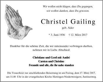 Traueranzeigen von Christel Gailing | Trauer-in-NRW.de