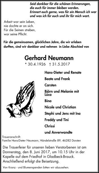 Traueranzeigen von Gerhard Neumann | Trauer-in-NRW.de