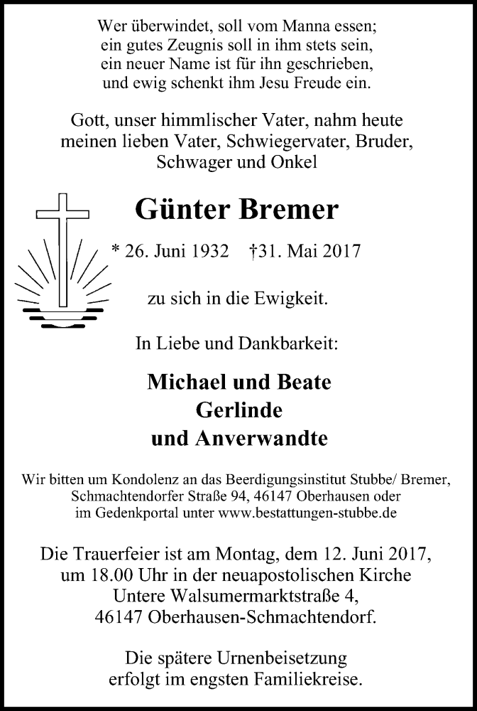 Traueranzeigen von Günter Bremer | Trauer-in-NRW.de