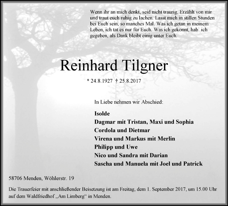 Traueranzeigen von Reinhard Tilgner | Trauer-in-NRW.de