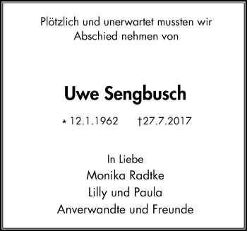 Traueranzeigen von Uwe Sengbusch | Trauer-in-NRW.de