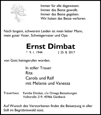 Traueranzeigen von Ernst Dimbat | Trauer-in-NRW.de