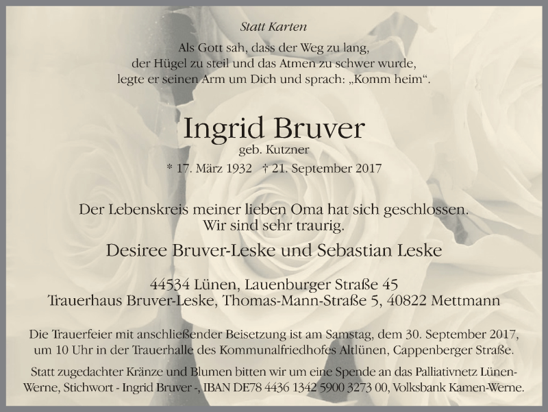 Traueranzeigen von Ingrid Bruver | Trauer-in-NRW.de