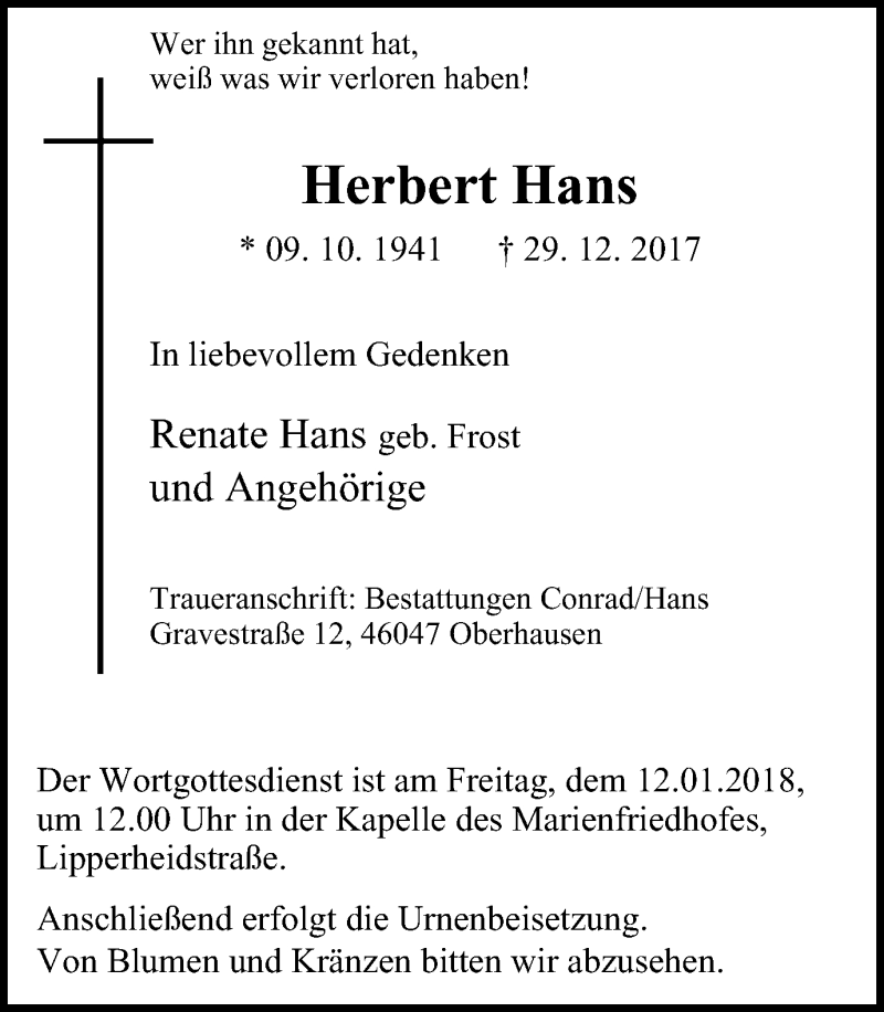 Traueranzeigen von Herbert Hans | Trauer-in-NRW.de