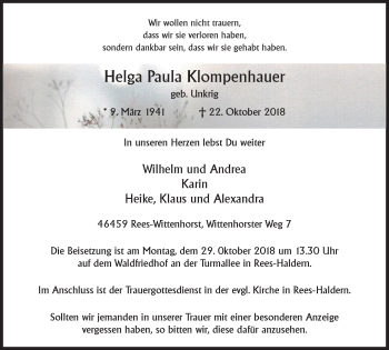 Traueranzeigen von Helga Paula Klompenhauer | Trauer-in-NRW.de
