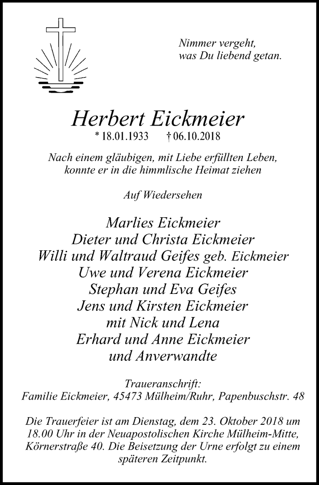 Traueranzeigen von Herbert Eickmeier | Trauer-in-NRW.de