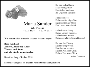 Traueranzeigen von Maria Sander | Trauer-in-NRW.de