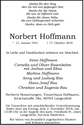 Traueranzeigen von Norbert Hoffmann | Trauer-in-NRW.de