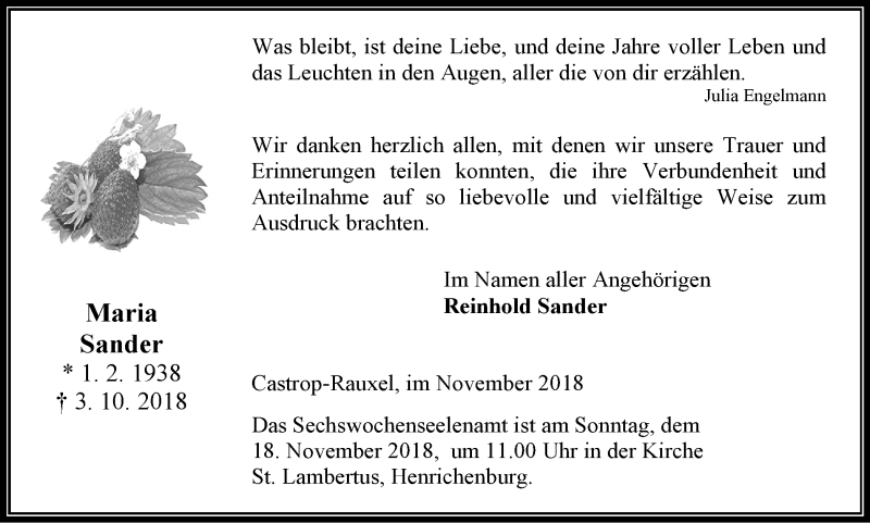 Traueranzeigen von Maria Sander | Trauer-in-NRW.de