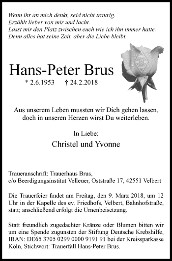 Traueranzeigen von Hans-Peter Brus | Trauer-in-NRW.de