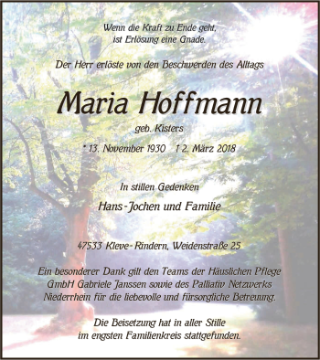 Traueranzeigen von Maria Hoffmann | Trauer-in-NRW.de