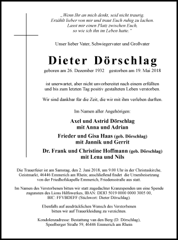 Traueranzeigen von Dieter Dörschlag | Trauer-in-NRW.de