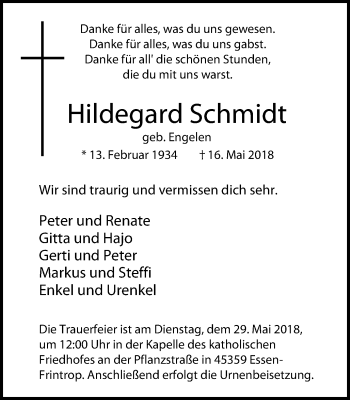 Traueranzeigen von Hildegard Schmidt | Trauer-in-NRW.de