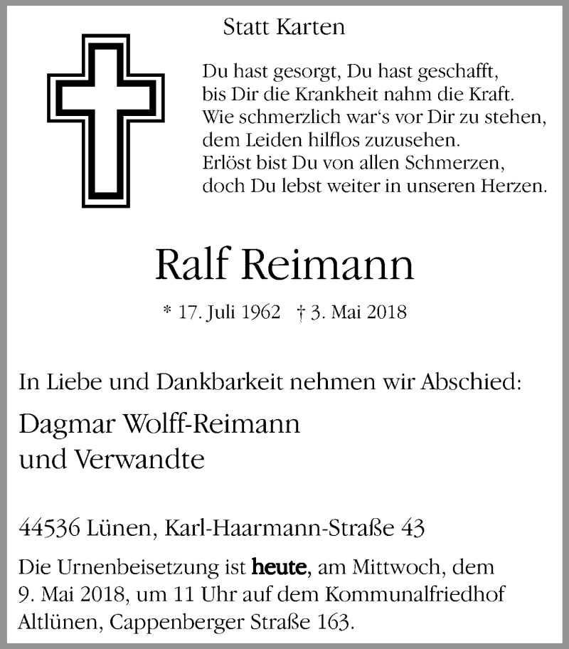 Traueranzeigen von Ralf Reimann | Trauer-in-NRW.de