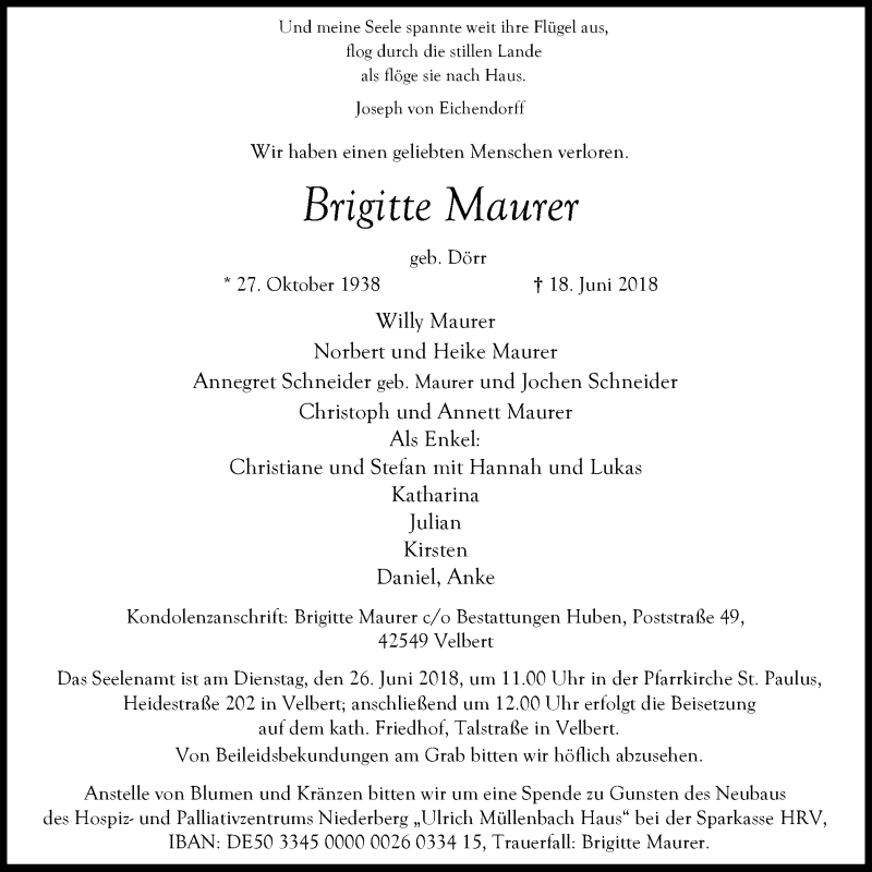 Traueranzeigen von Brigitte Maurer | Trauer-in-NRW.de