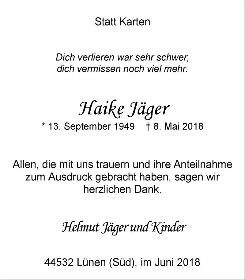 Traueranzeigen von Haike Jäger | Trauer-in-NRW.de