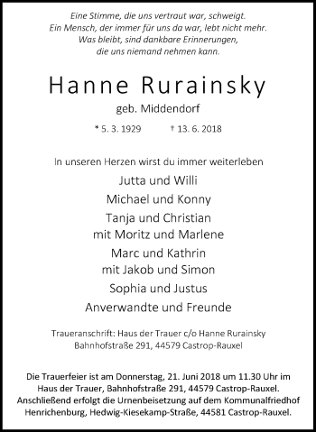 Traueranzeigen von Hanne Rurainsky | Trauer-in-NRW.de