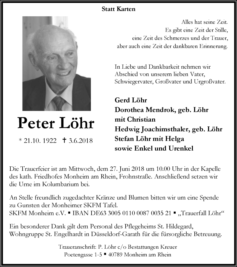 Traueranzeigen von Peter Löhr | Trauer-in-NRW.de