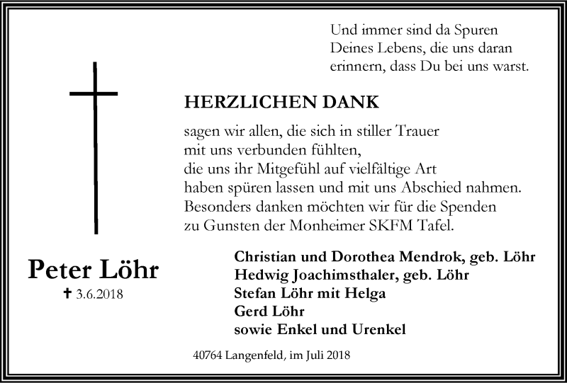 Traueranzeigen von Peter Löhr | Trauer-in-NRW.de
