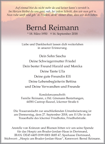 Traueranzeigen von Bernd Reimann | Trauer-in-NRW.de