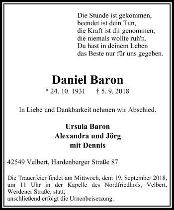 Traueranzeigen von Daniel Baron | Trauer-in-NRW.de