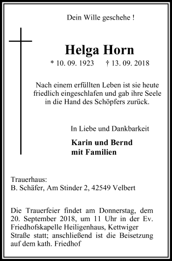 Traueranzeigen von Helga Horn | Trauer-in-NRW.de