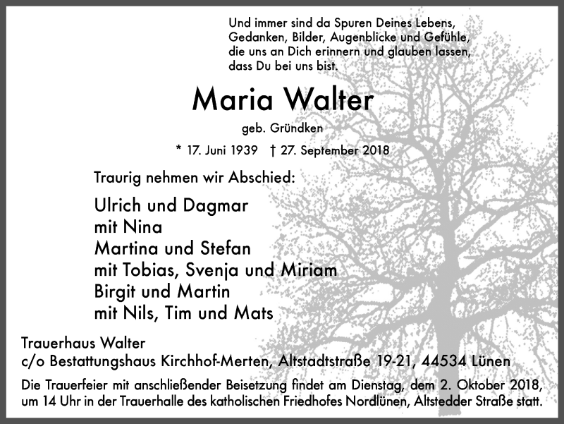 Traueranzeigen von Maria Walter | Trauer-in-NRW.de