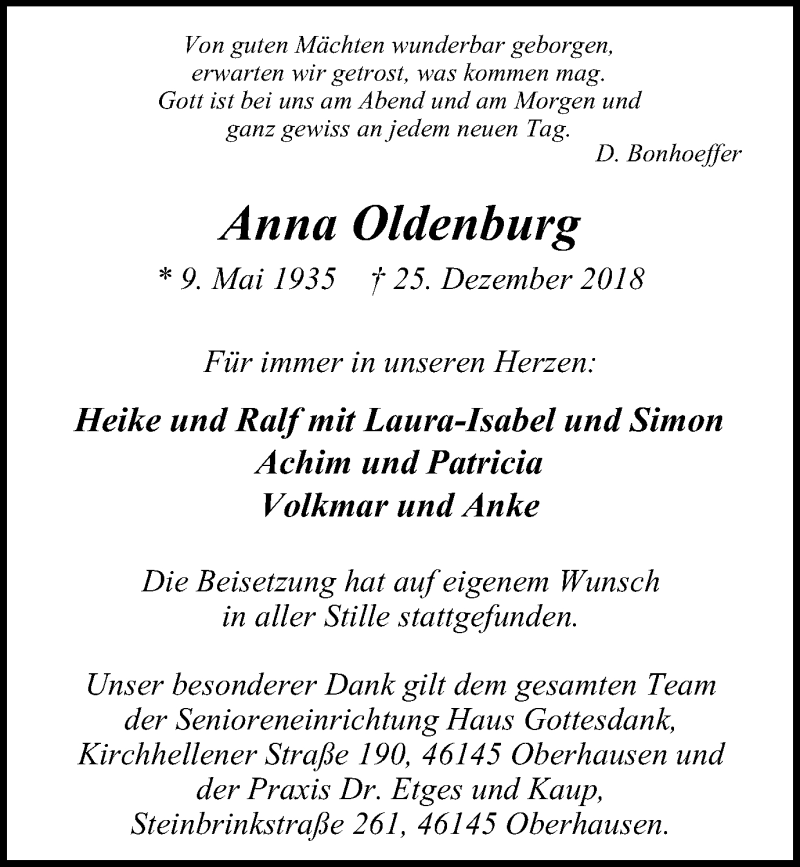 Traueranzeigen von Anna Oldenburg | Trauer-in-NRW.de