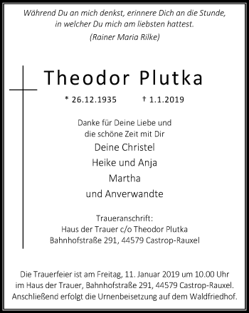 Traueranzeigen von Theodor Plutka | Trauer-in-NRW.de