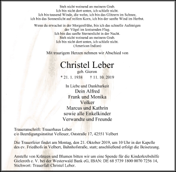 Traueranzeigen von Christel Leber | Trauer-in-NRW.de