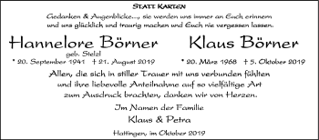 Traueranzeigen von Hannelore und Klaus Börner | Trauer-in-NRW.de
