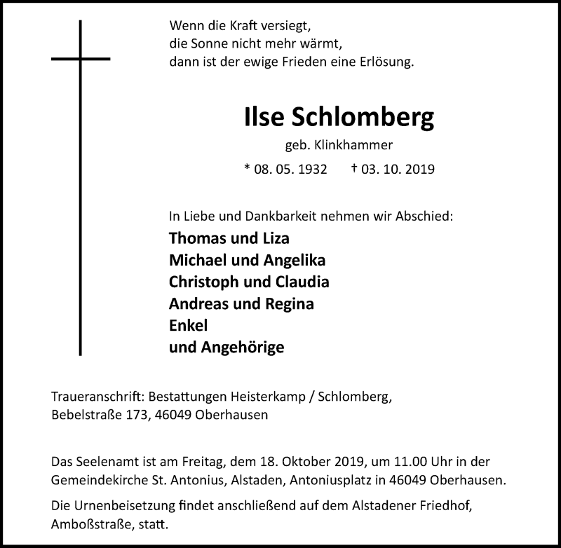 Traueranzeigen von Ilse Schlomberg | Trauer-in-NRW.de