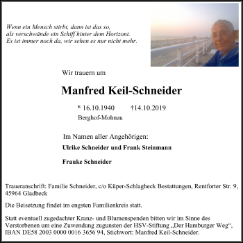 Traueranzeigen von Manfred Keil-Schneider | Trauer-in-NRW.de