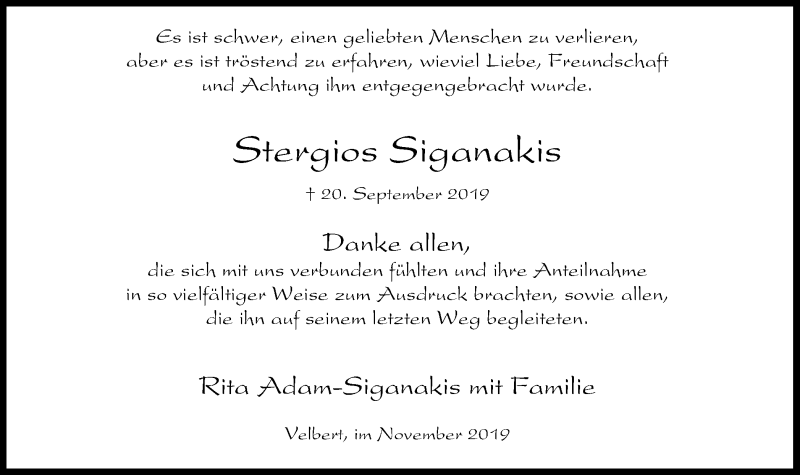 Traueranzeigen von Stergios Siganakis | Trauer-in-NRW.de