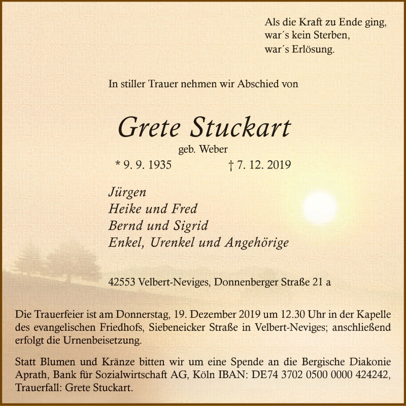 Traueranzeigen von Grete Stuckart | Trauer-in-NRW.de