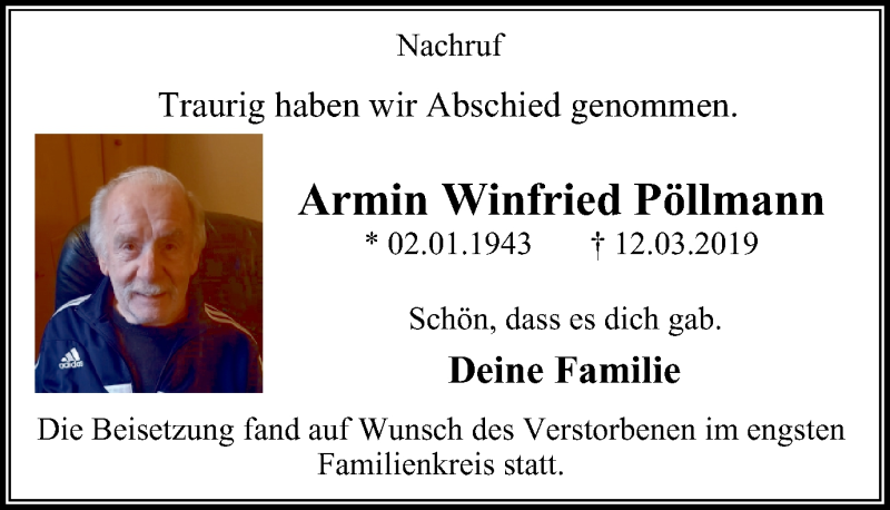 Traueranzeigen von Armin Winfried Pöllmann | Trauer-in-NRW.de