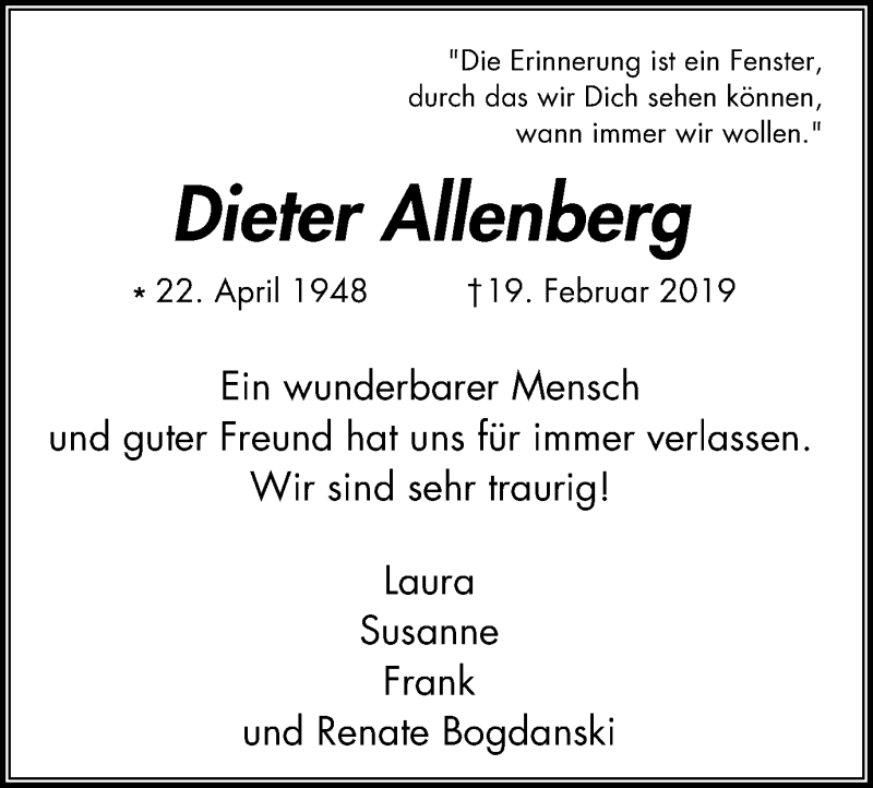Traueranzeigen von Dieter Allenberg | Trauer-in-NRW.de