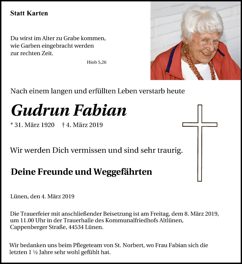 Traueranzeigen von Gudrun Fabian | Trauer-in-NRW.de