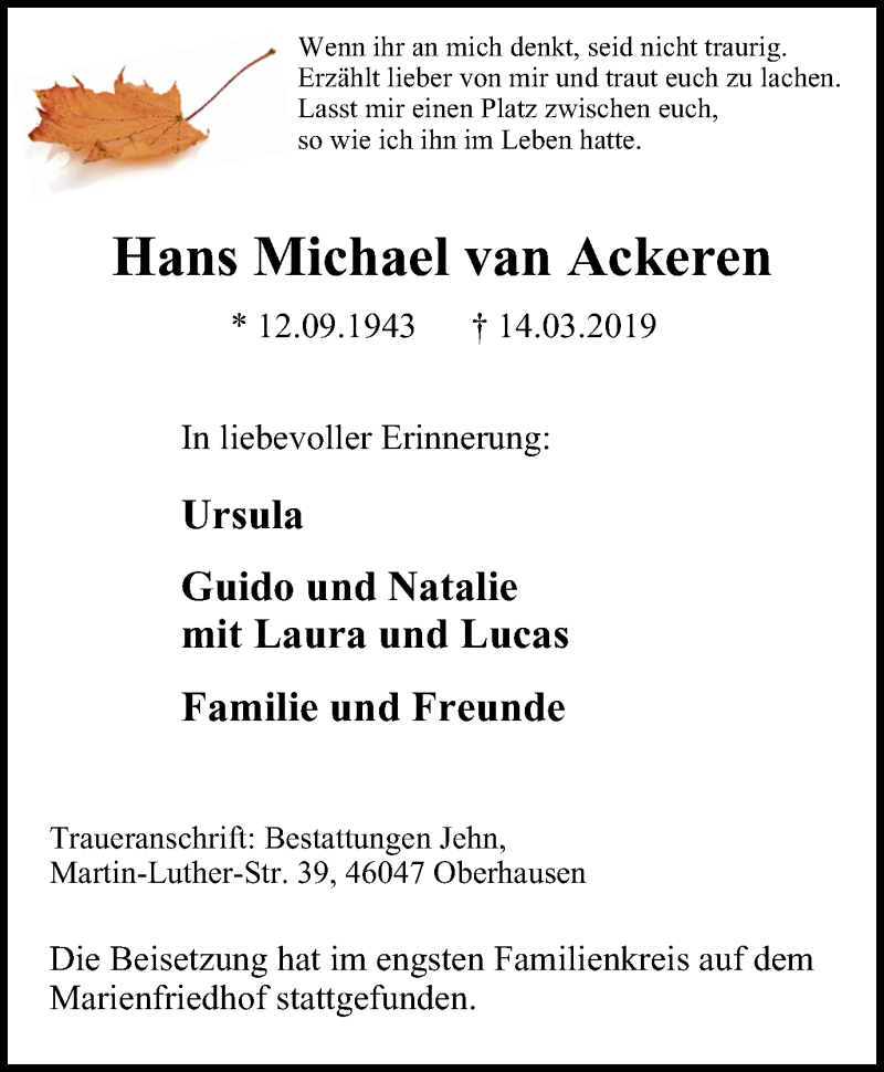 Traueranzeigen von Hans Michael van Ackeren | Trauer-in-NRW.de