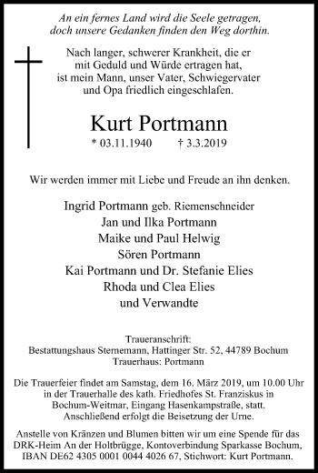 Traueranzeigen von Kurt Portmann | Trauer-in-NRW.de