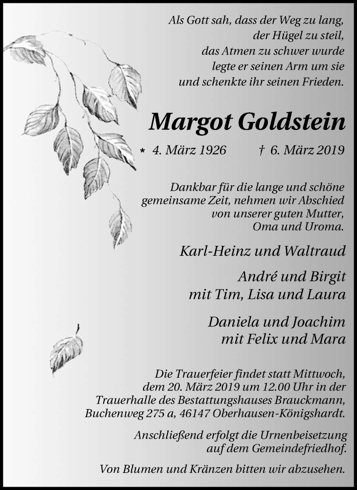 Traueranzeigen von Margot Goldstein | Trauer-in-NRW.de
