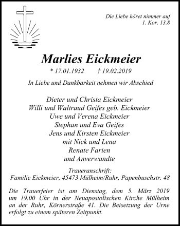 Traueranzeigen von Marlies Eickmeier | Trauer-in-NRW.de