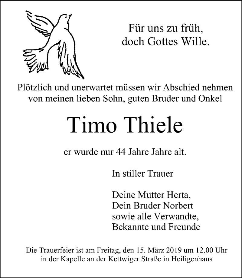Traueranzeigen von Timo Thiele | Trauer-in-NRW.de