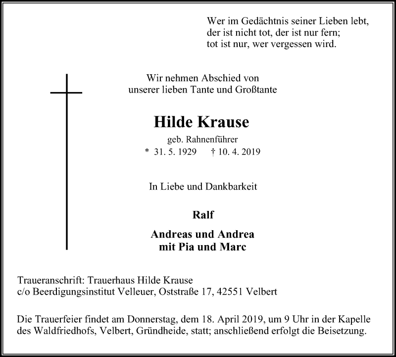 Traueranzeigen von Hilde Krause | Trauer-in-NRW.de