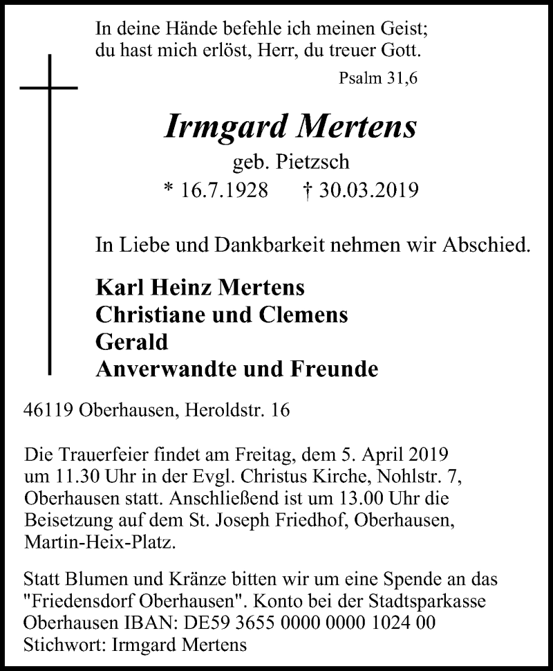 Traueranzeigen von Irmgard Mertens | Trauer-in-NRW.de