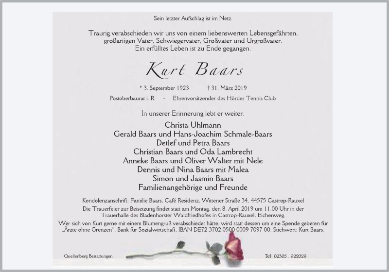 Traueranzeigen von Kurt Baars | Trauer-in-NRW.de