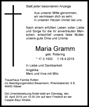 Traueranzeigen von Maria Gramm | Trauer-in-NRW.de
