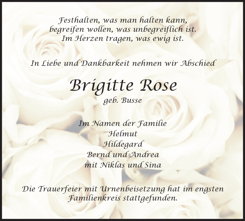 Traueranzeigen von Brigitte Rose | Trauer-in-NRW.de